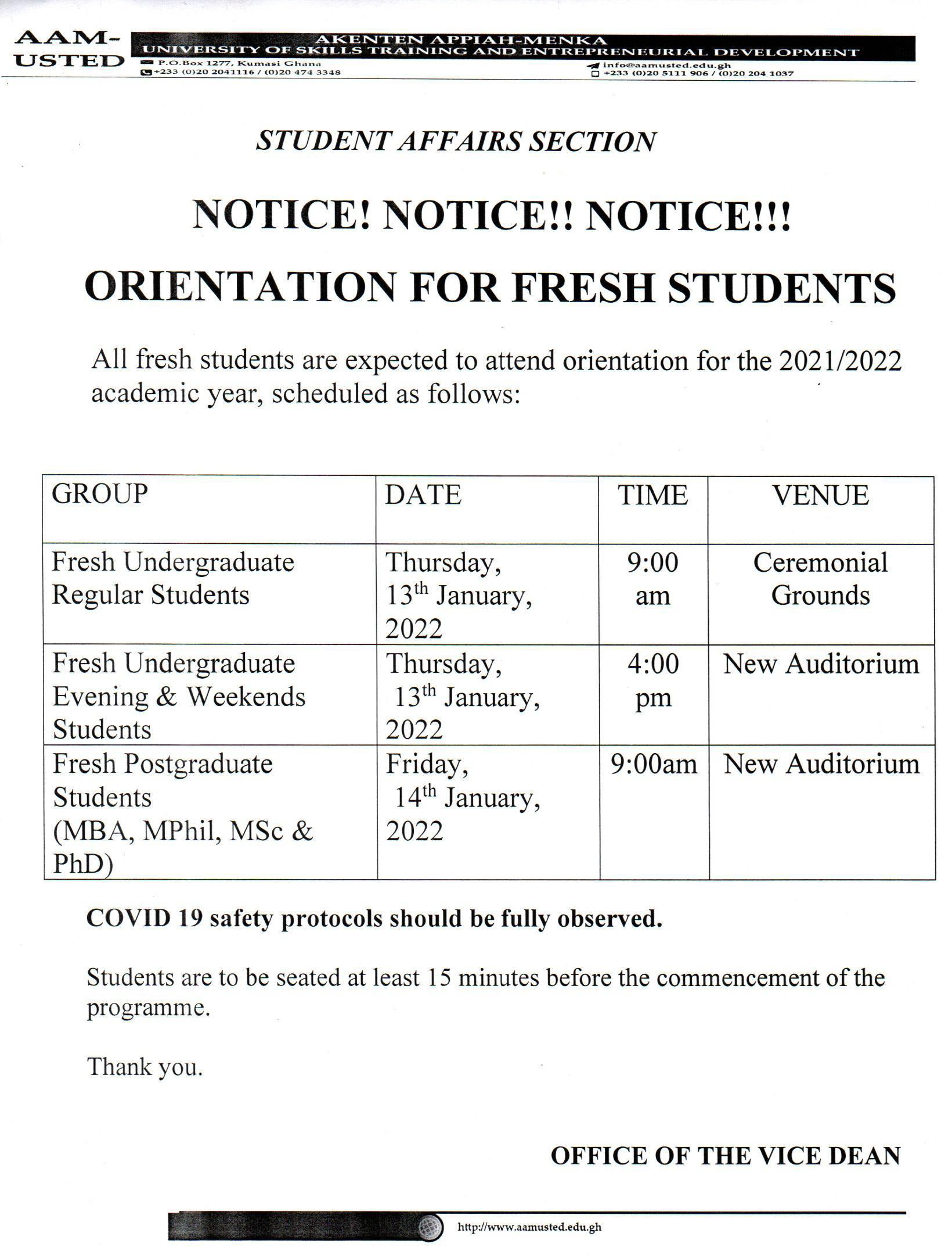 Orientation for Fresh Students | AAMUSTED