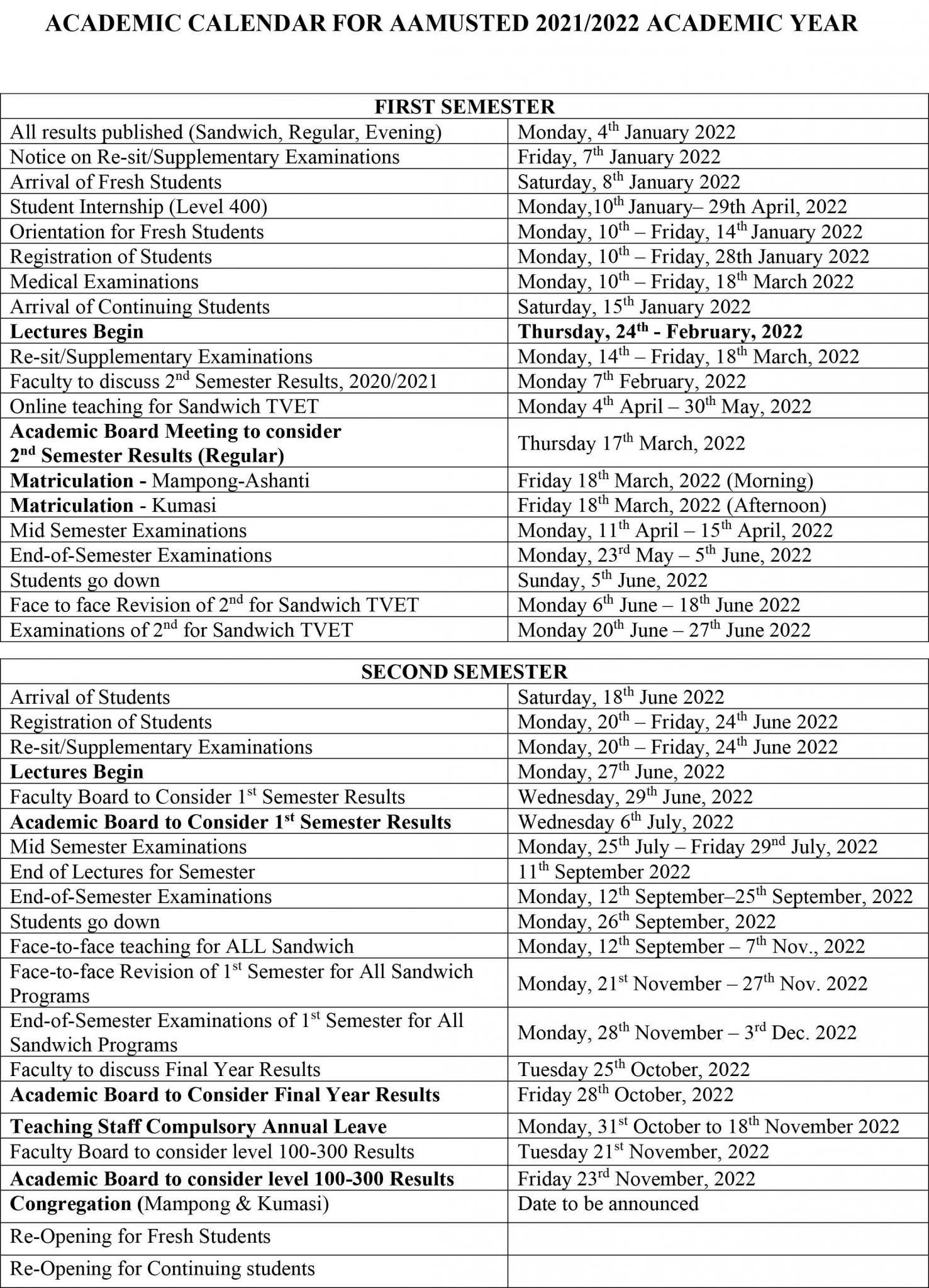 Academic Calender for AAMUSTED 2021/2022 Academic Year | AAMUSTED